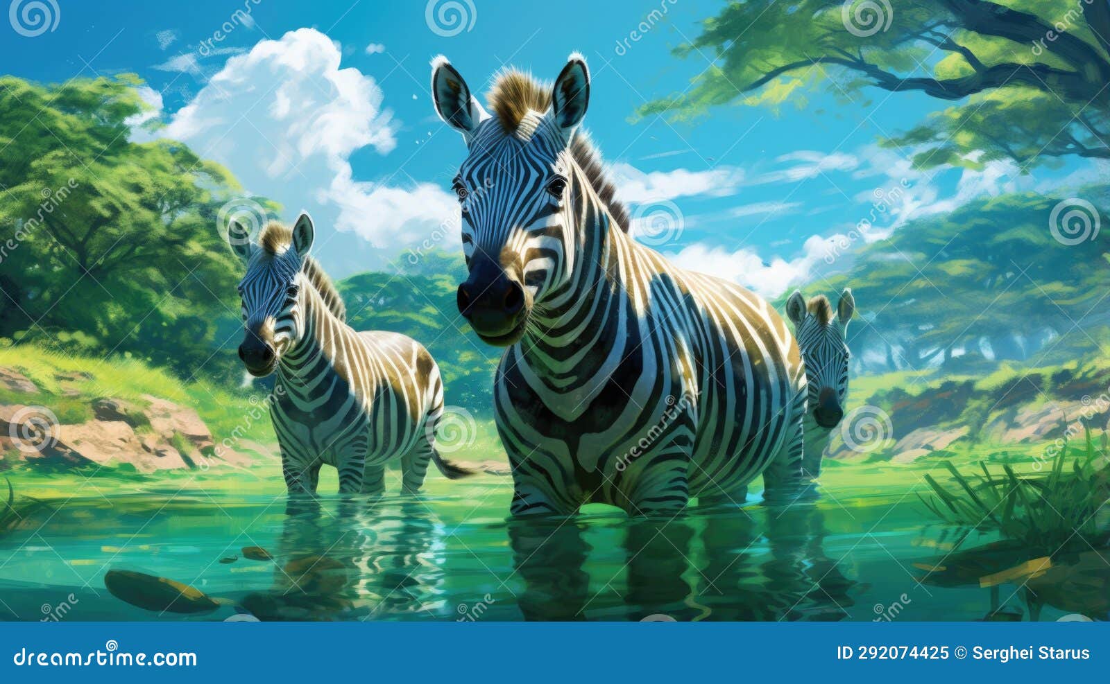 Three Zebras are Standing in the Water, AI Stock Image - Image of color ...