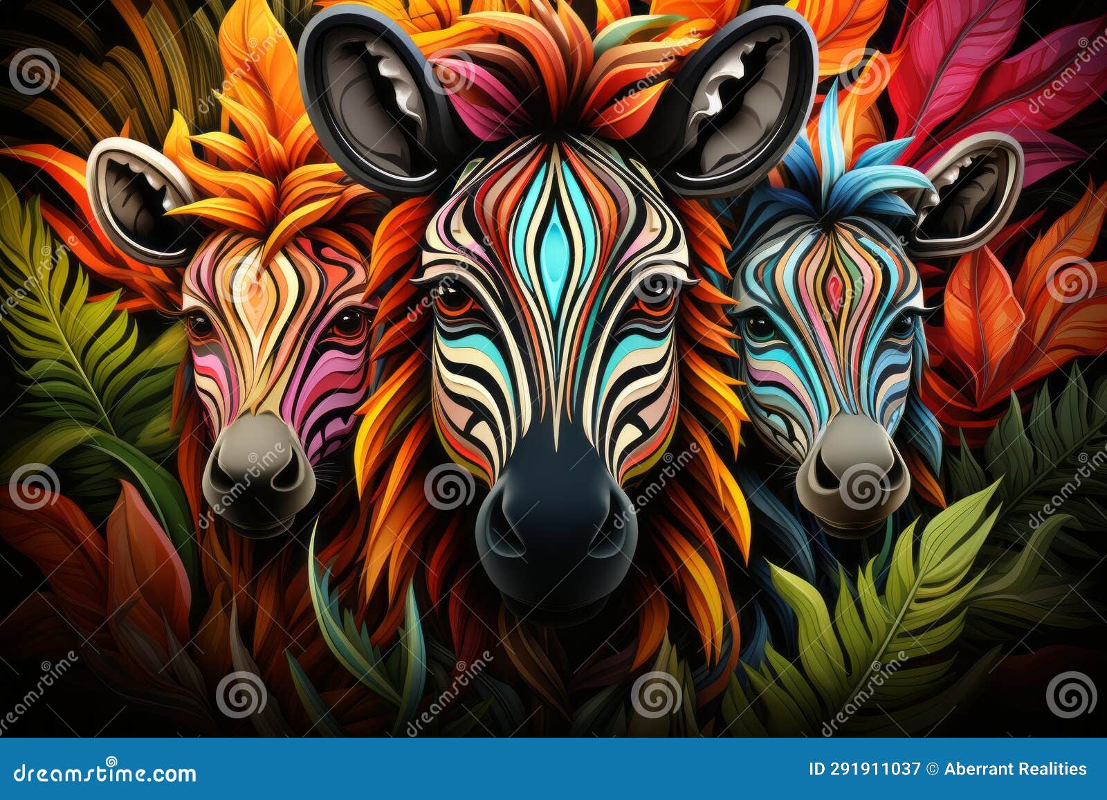 Three Zebras are Surrounded by Colorful Leaves Stock Illustration ...