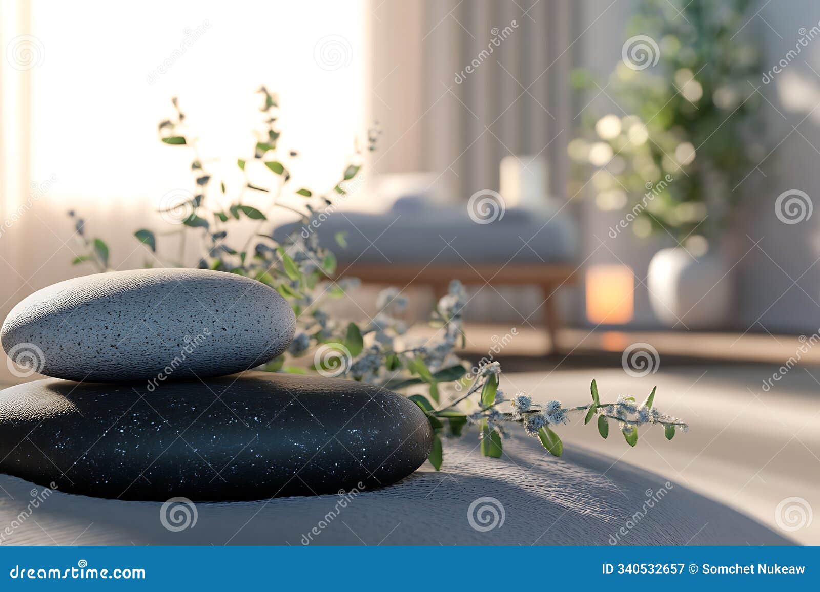 Three Zen Stones with Greenery in a Serene Indoor Setting Stock ...