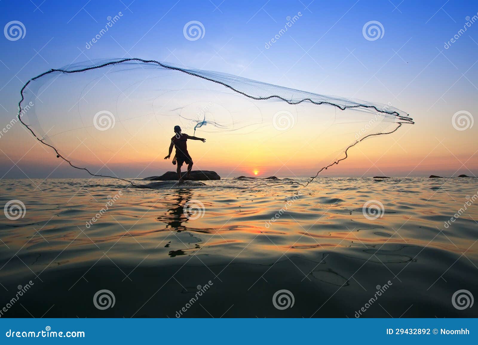 Throwing Fishing Net during Sunrise Stock Photo - Image of black, river ...