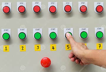 Thumb Touch on Green Start Button and Red Emergency Stop Switch Stock ...