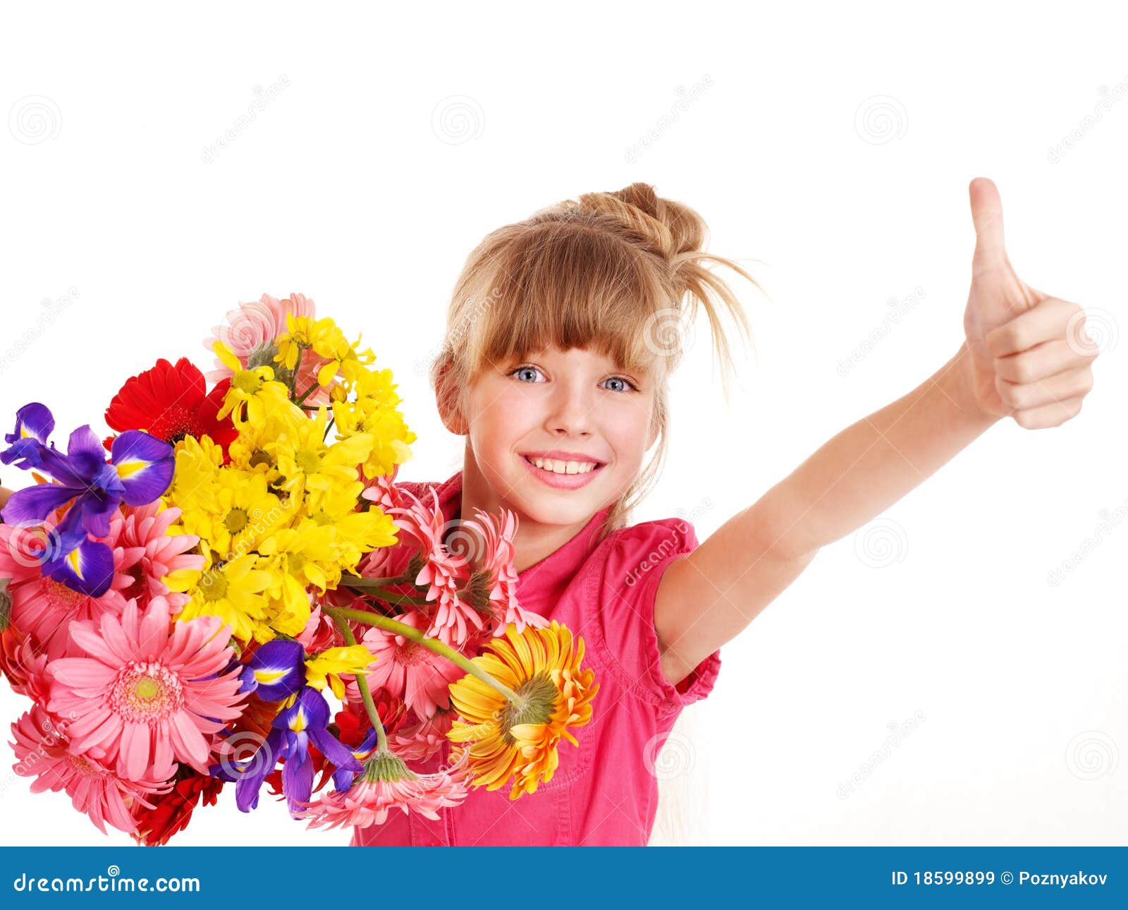 Thumb up of happy child. stock image. Image of flowers - 18599899