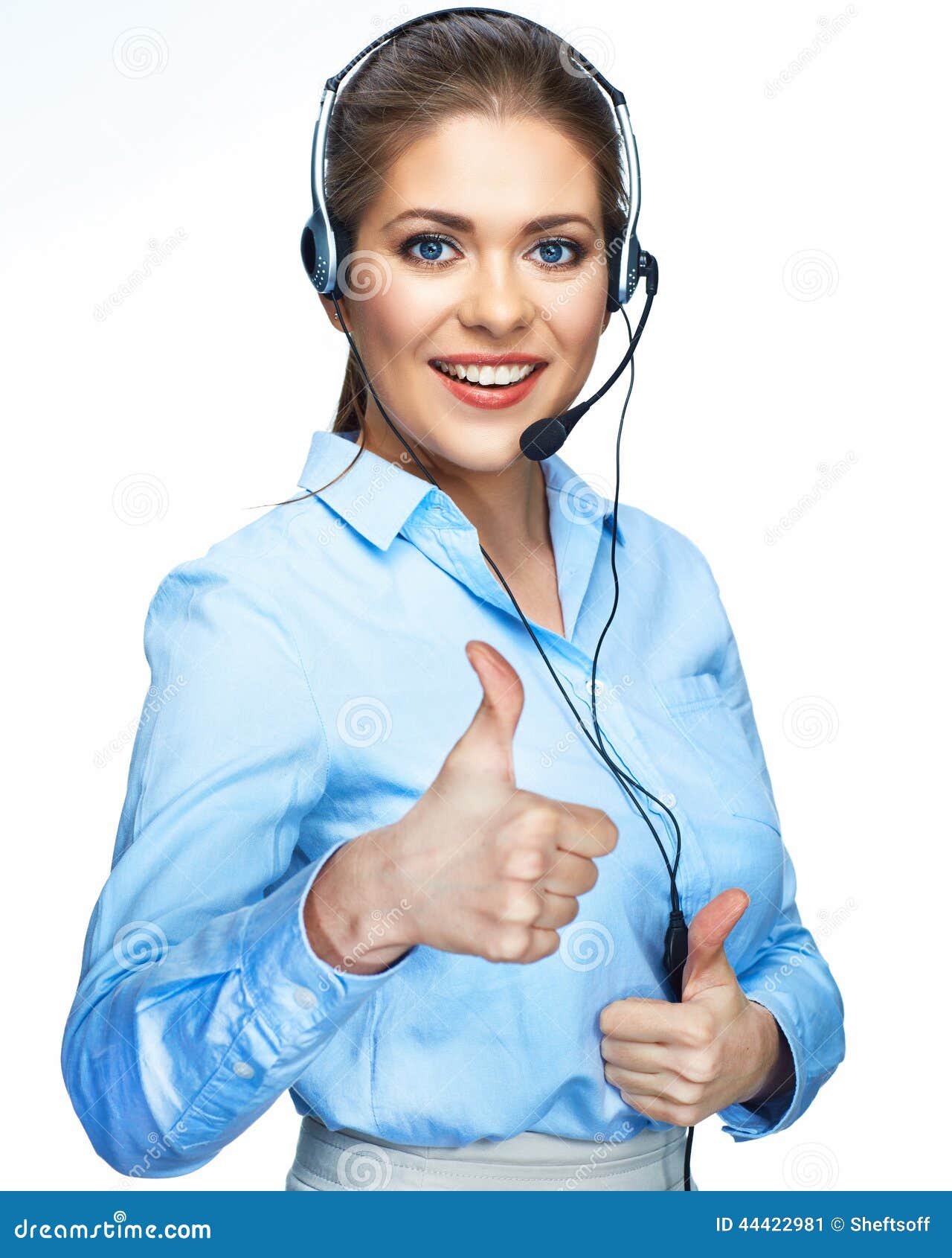 Thumb Up Smiling Woman Operator. Head Set with Mic Stock Image - Image ...