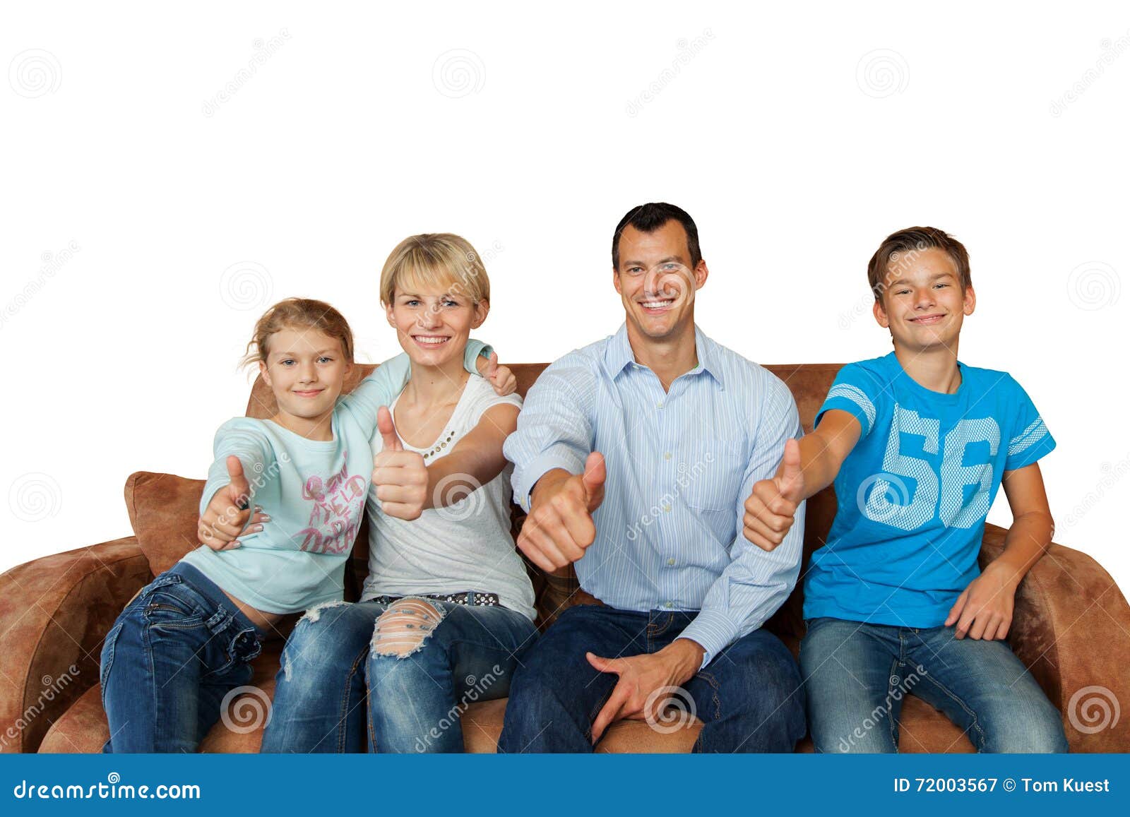 Thumbs Up - Happy Family on a Couch on White Stock Image - Image of ...