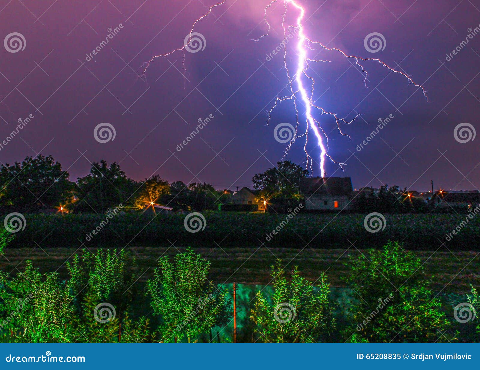 Thunder Hitting House in the Village Stock Image - Image of glow ...