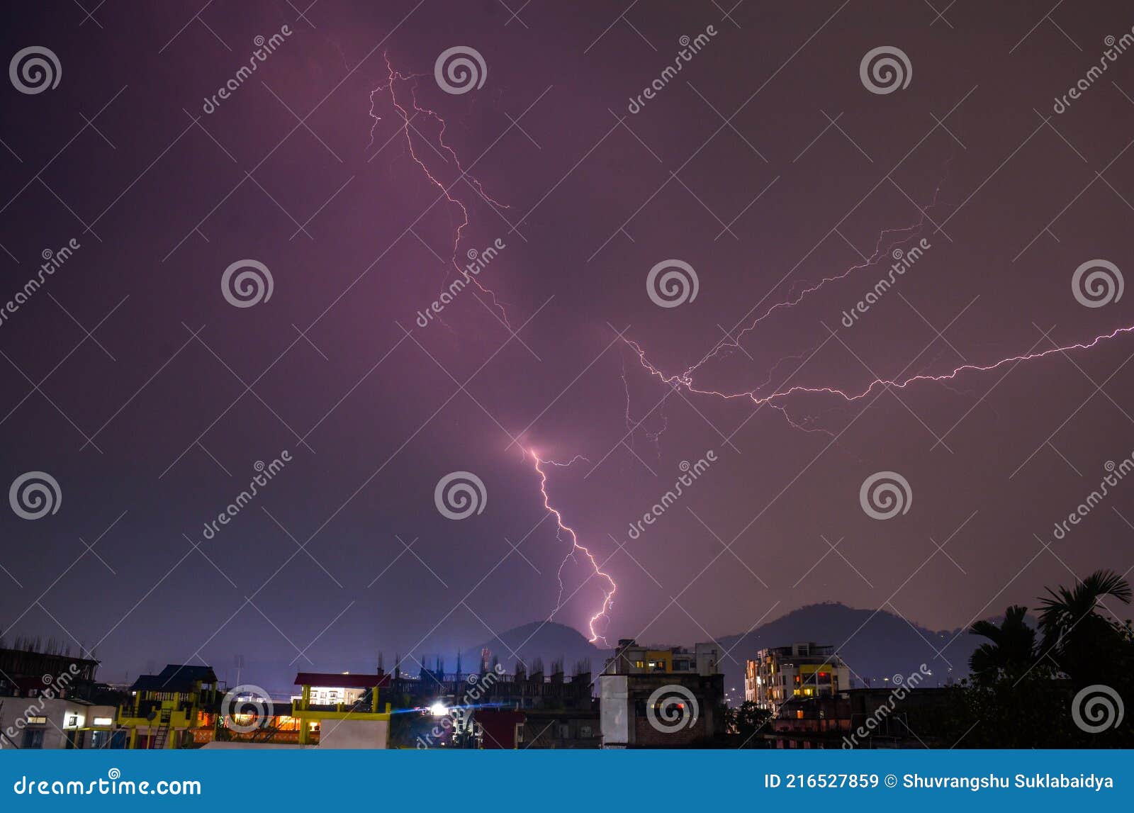 Thunder Light Striking Over a Mountain . Heavy Rainfall . Thunderstorm ...