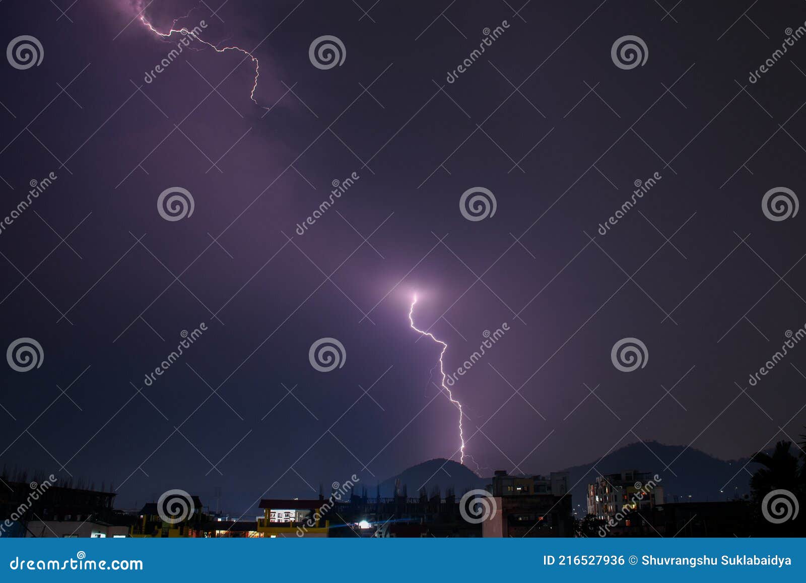Thunder Light Striking Over a Mountain . Heavy Rainfall . Thunderstorm ...