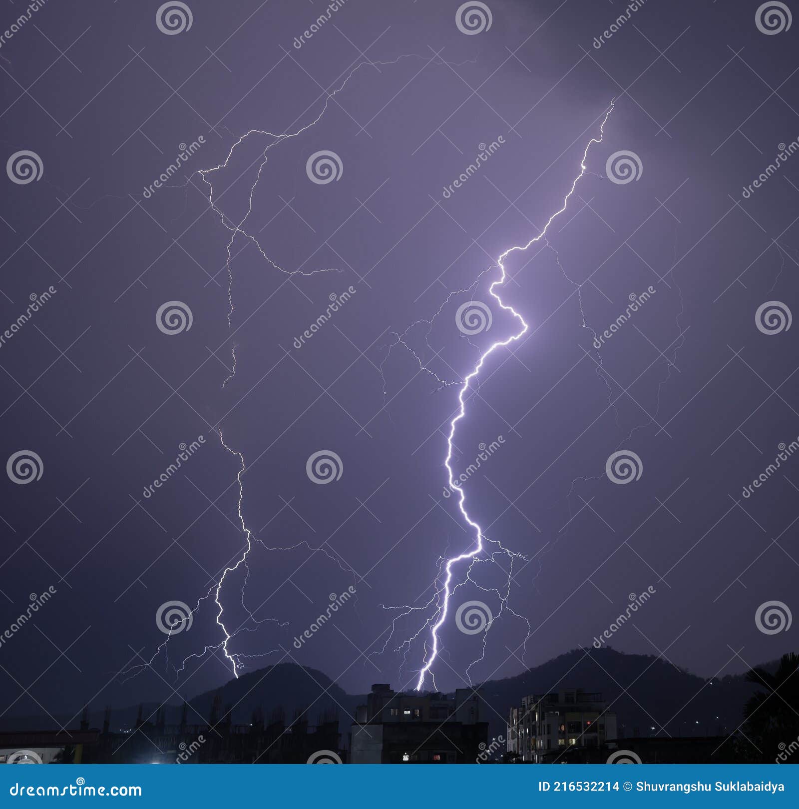 Thunder Light Striking Over a Mountain . Heavy Rainfall . Thunderstorm ...
