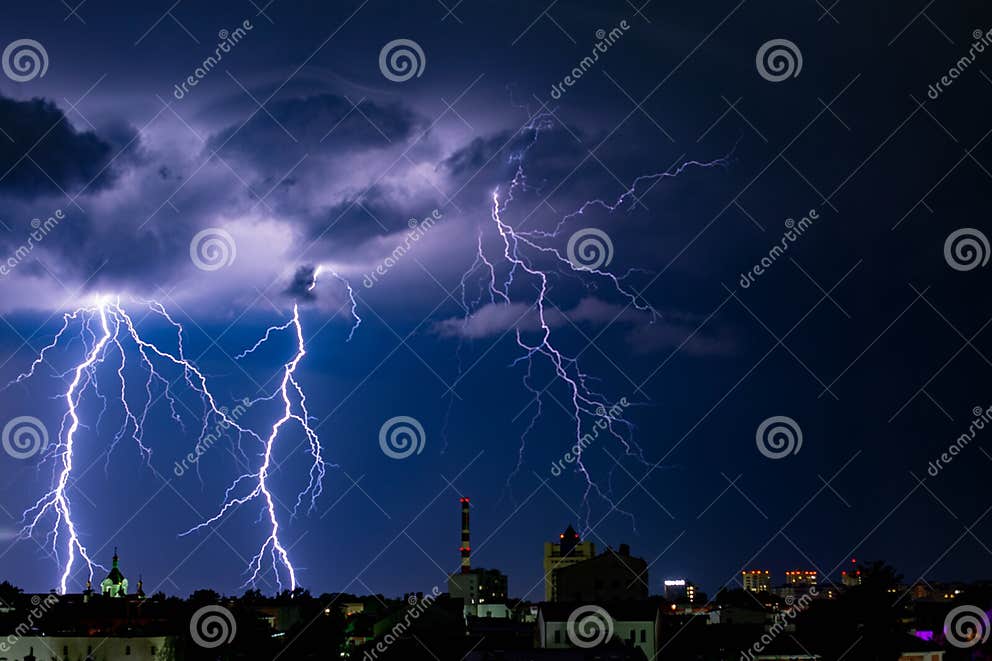 Thunder and Lightning. Heavy Thunderstorm Over the City. Stock Photo ...