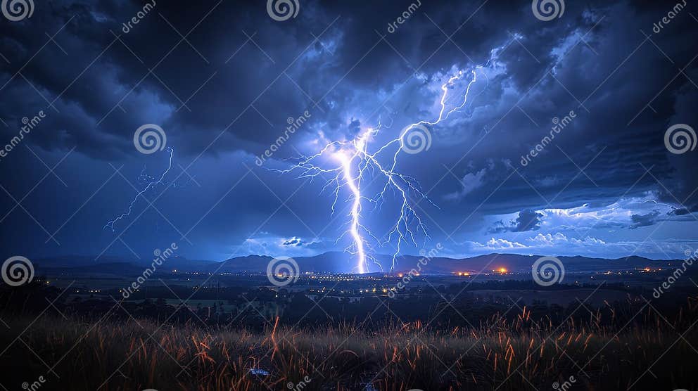 Thunder and Lightning Over the Field. the Natural Phenomenon of ...