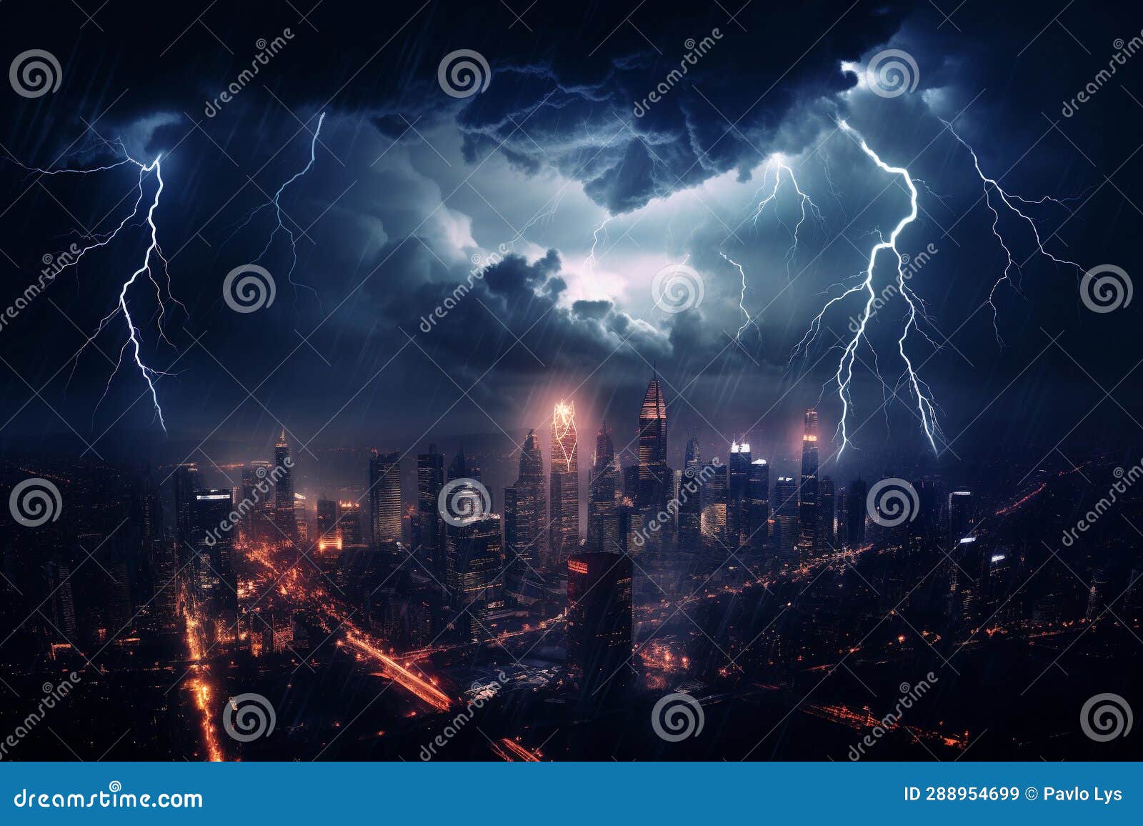 Thunder and Lightning Over the Night City Stock Illustration ...