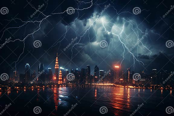 Thunder and Lightning Over the Night City Stock Illustration ...