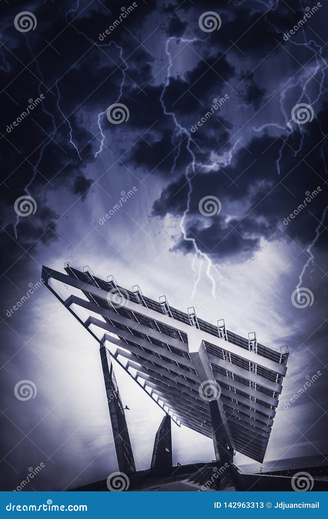 Thunder Lightning Over a Solar Panel in a Dark and Dangerous Weather ...