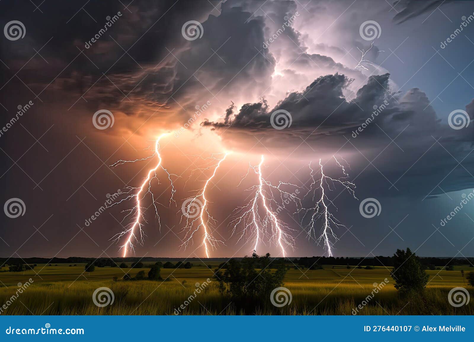 Thunderstorm Above Fields and Trees with Multiple Forked Lightning ...
