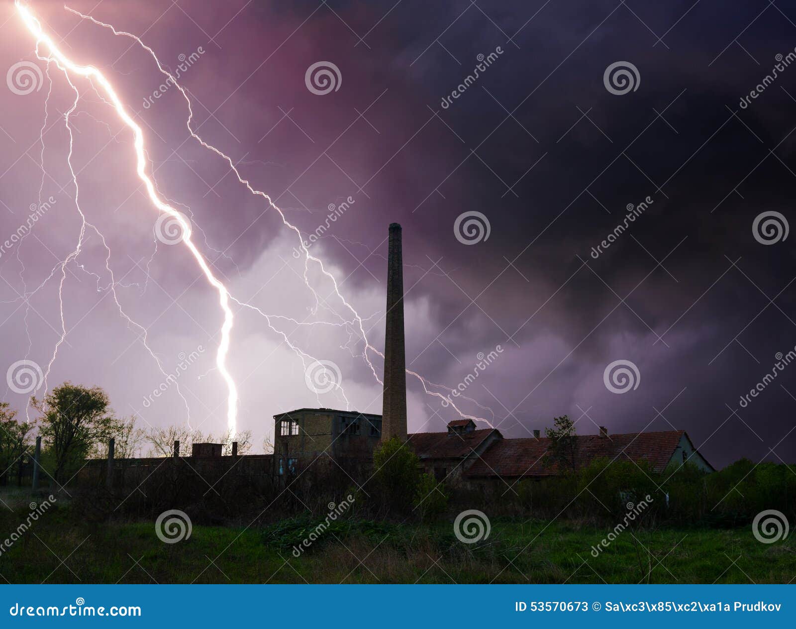 Thunder, Lightning and Storm Over Abandoned Factory in Summer Stock ...