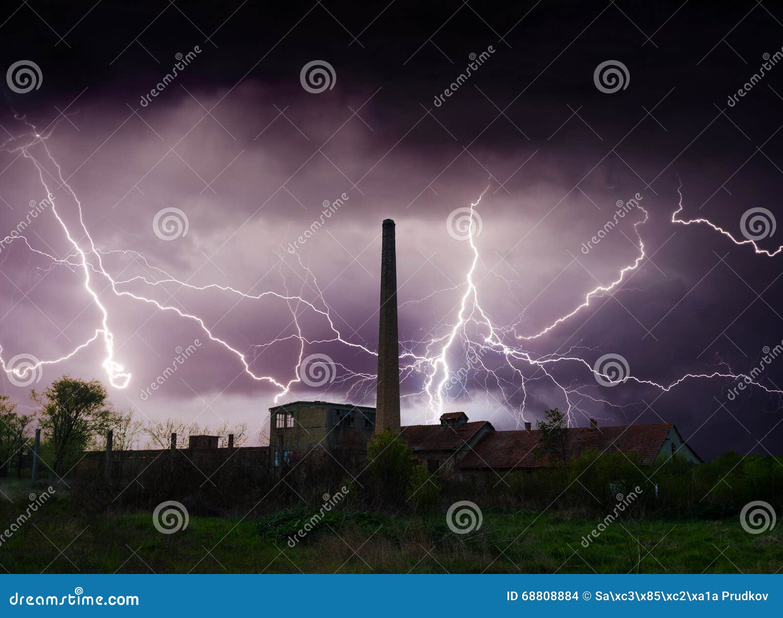 Thunder, Lightnings and Storm Over Abandoned Factory in Summer Stock ...