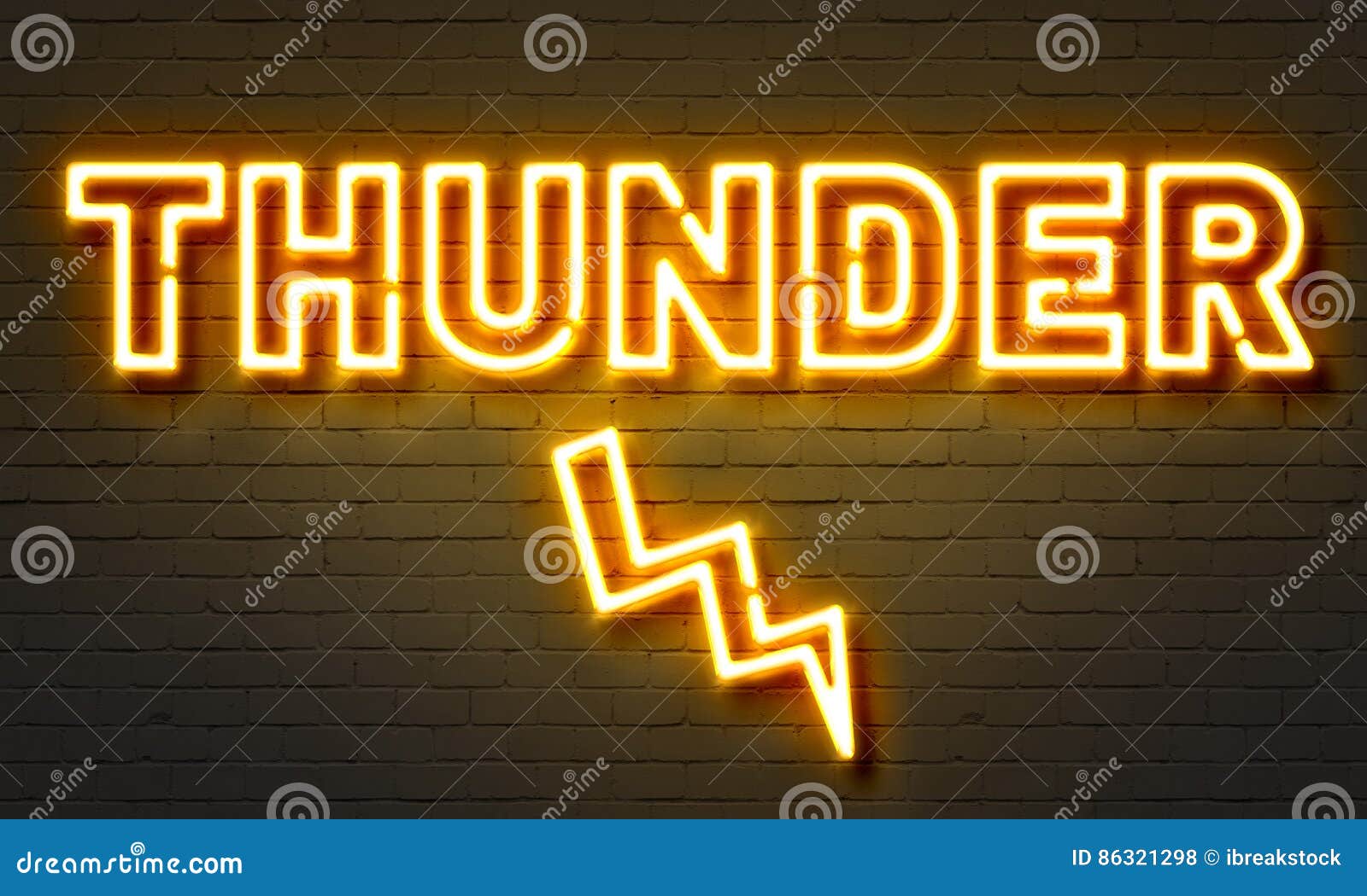 Thunder Neon Sign on Brick Wall Background. Stock Photo - Image of ...