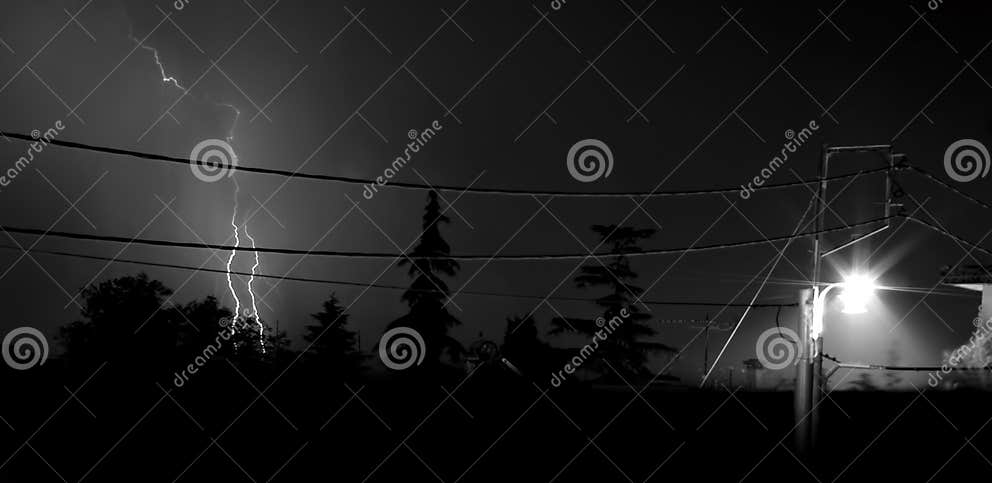 Thunder in the Night with Blue Color and Trees Stock Image - Image of ...