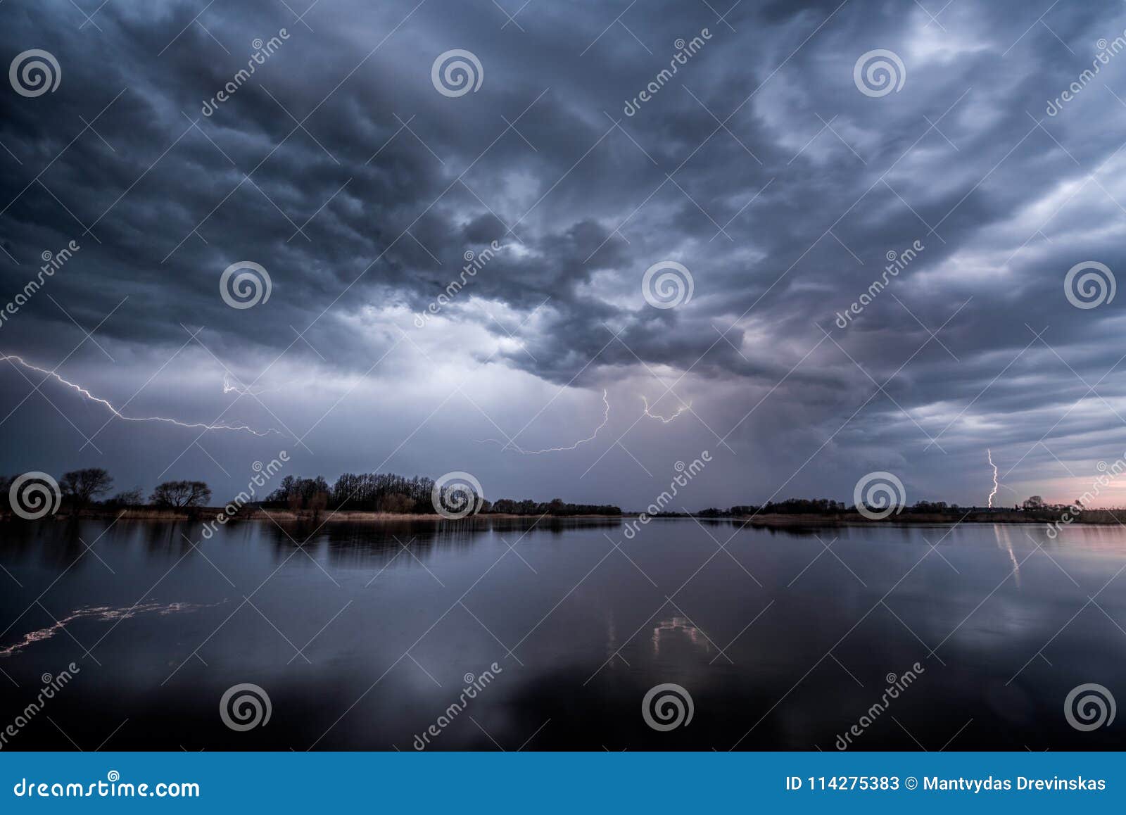 Thunder Storm Above the Lake with Lightnings Stock Image - Image of ...