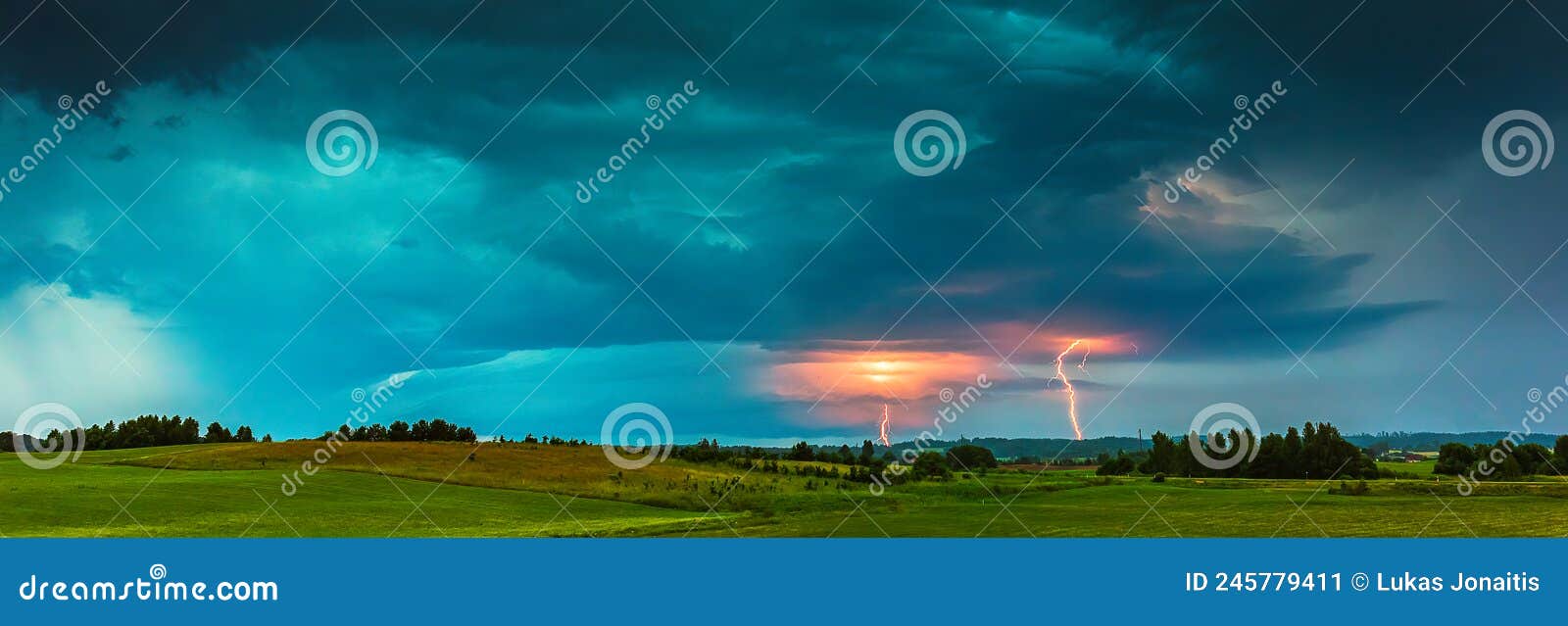 Thunder Storm Clouds with Lightning Strikes Across the Fields, Summer ...