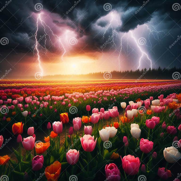 Thunderbolt,lightning Thunderstorm Flash Over Colorful Tulips Fields ...