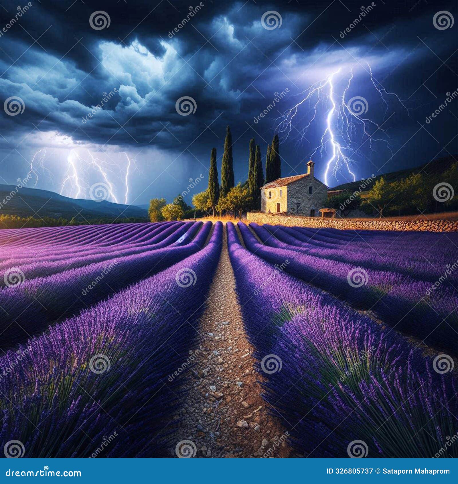 Thunderbolt,lightning Thunderstorm Flash Over Lavender Fields Stock ...