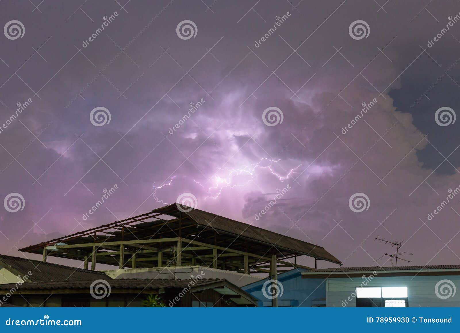 Thunderbolt Over The House. Storm Outside. Thunderstorm With Lightning ...