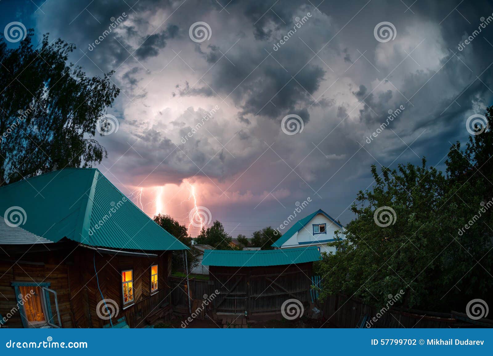 Thunderbolt Over The House. Storm Outside. Thunderstorm With Lightning ...