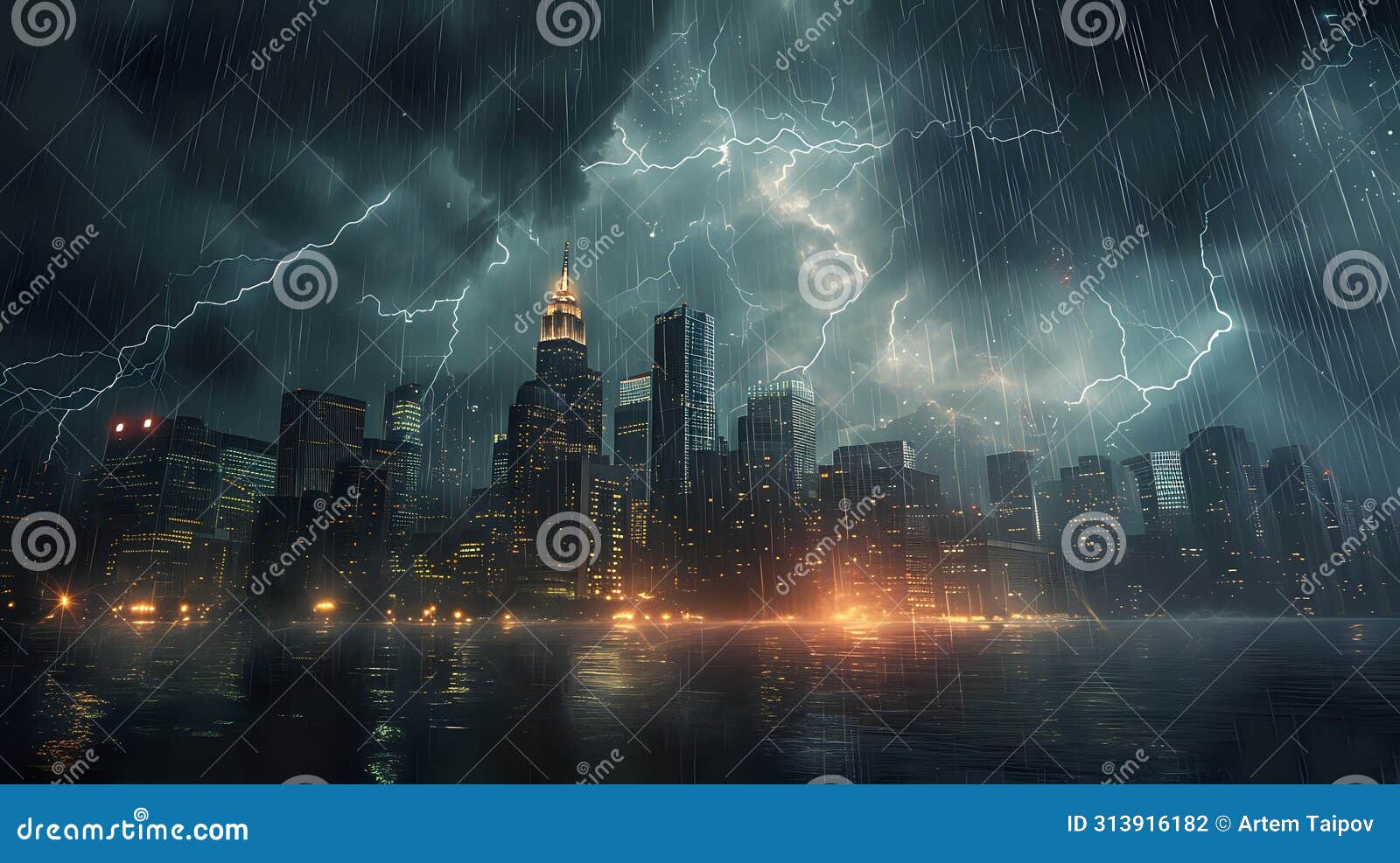Urban Tempest Cityscape Illuminated By Blue Light During A Lightning ...
