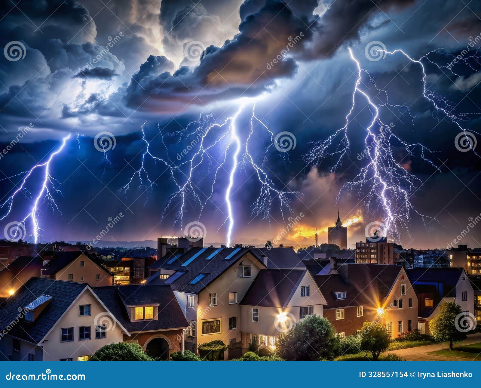 A Thunderstorm in the City, Big Lightening Stock Photo - Image of ...