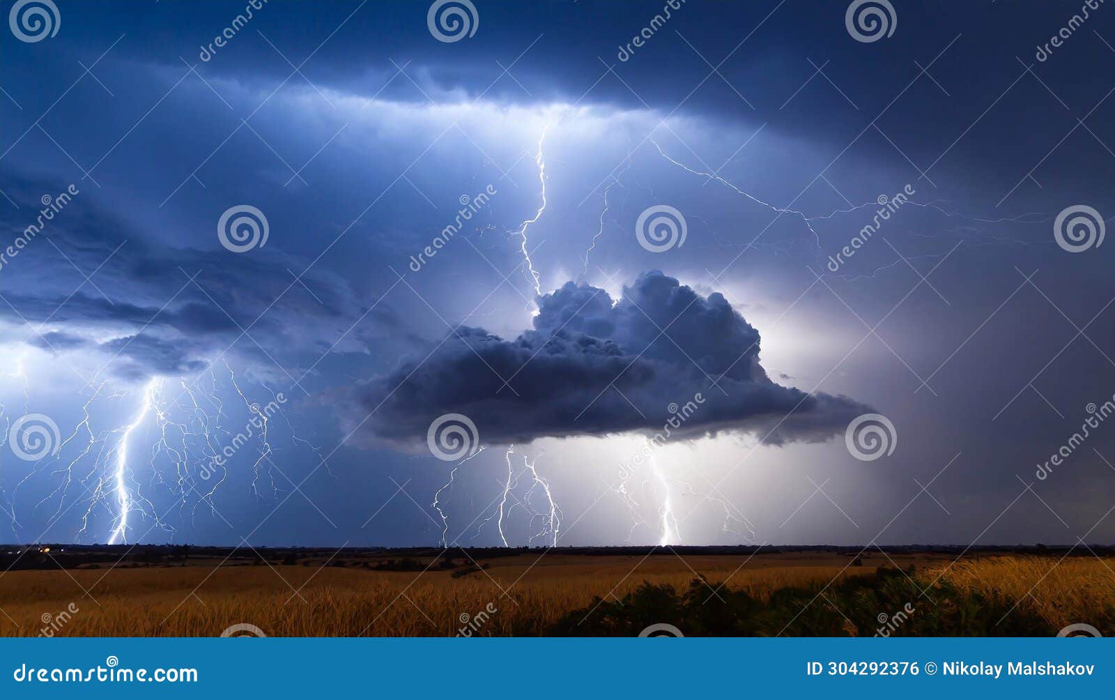Thunderstorm Cloud with Lightning at Night Over Rural Fields. Stock ...