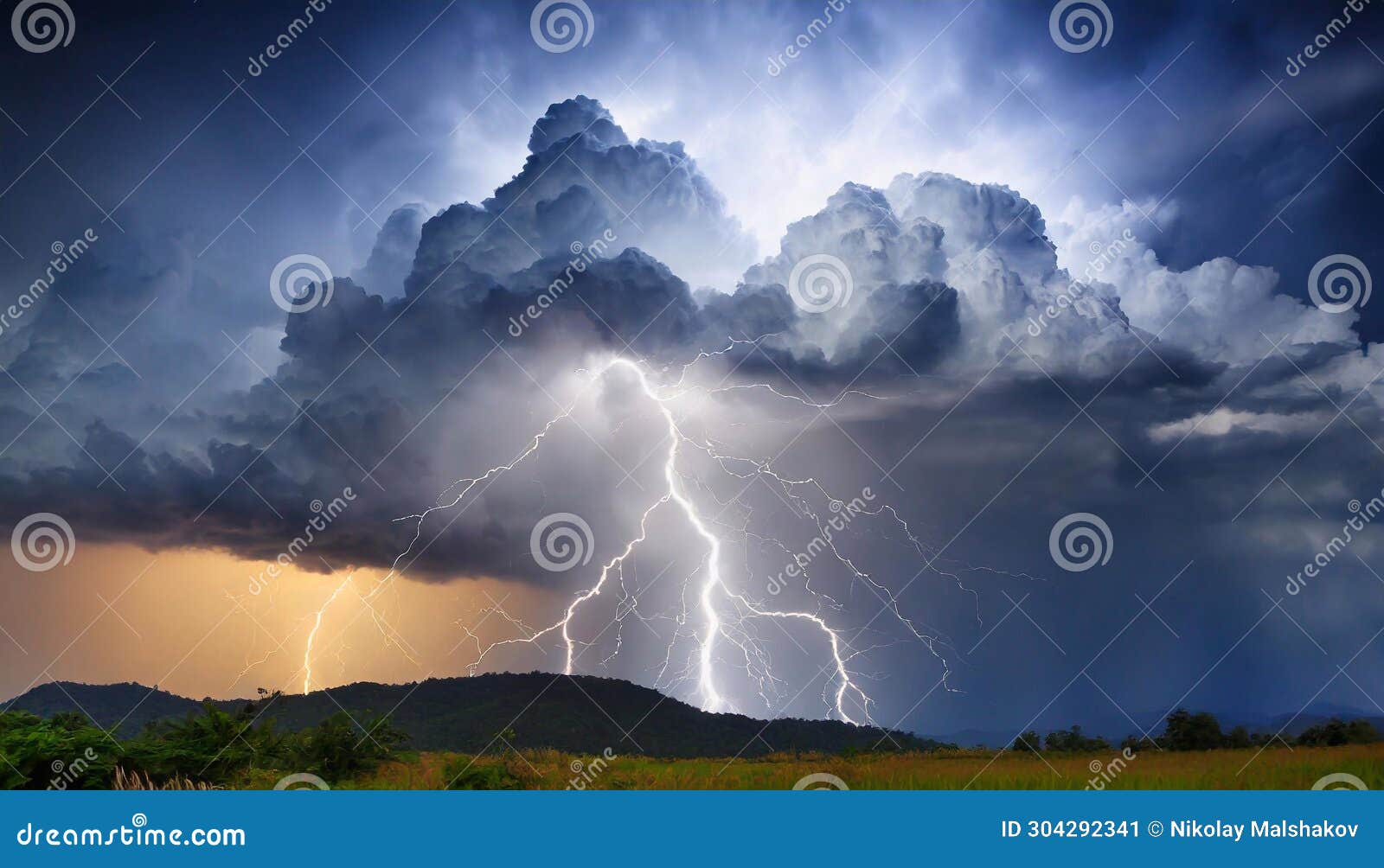 Thunderstorm with Lightning in a Field Over a Hill. Stock Image - Image ...