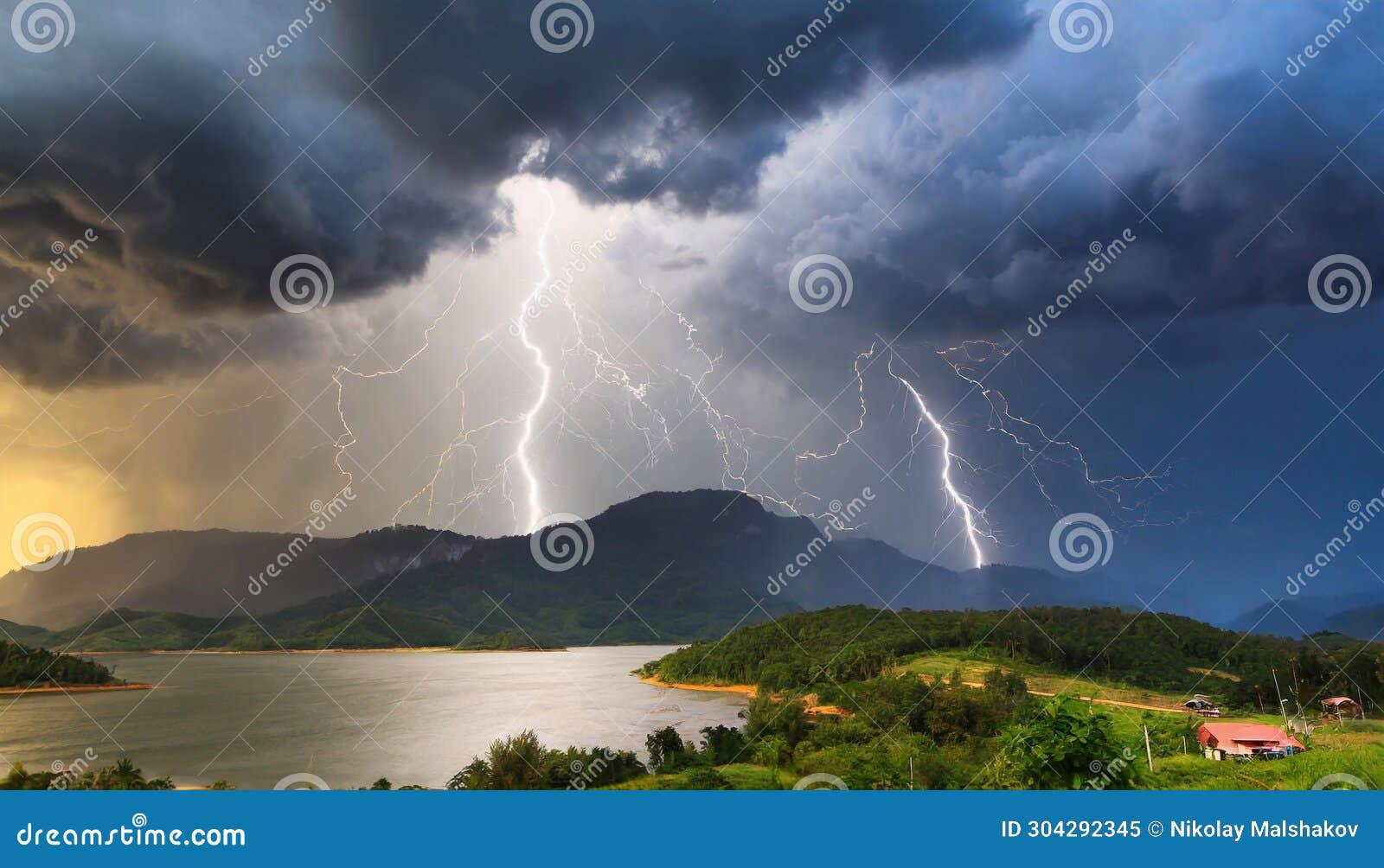 Thunderstorm with Lightning at Night on the Hill. Stock Image - Image ...