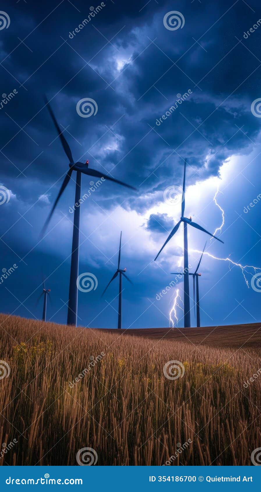 Thunderstorm and Lightning Over a Wind Farm Landscape Stock Photo ...