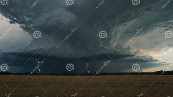 Thunderstorm with Lightning Strikes Over Open Field Stock Illustration ...