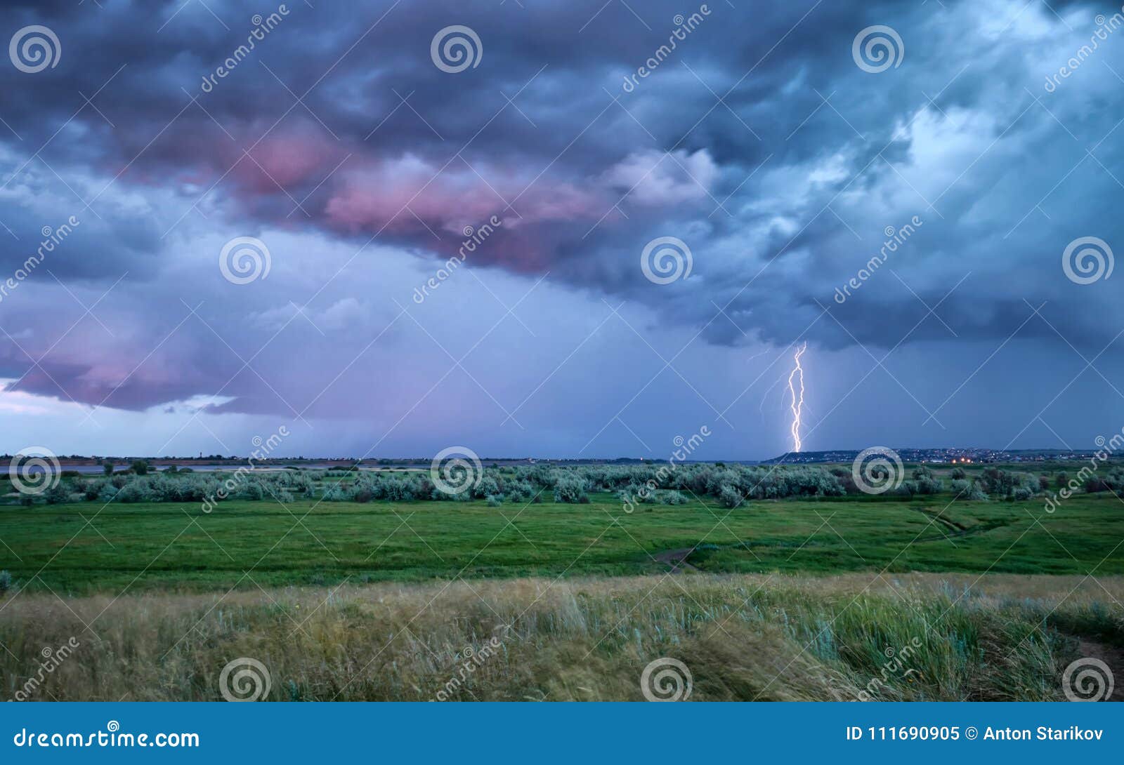 Thunderstorm and Lightning at Sunset of a Summer Day Stock Image ...