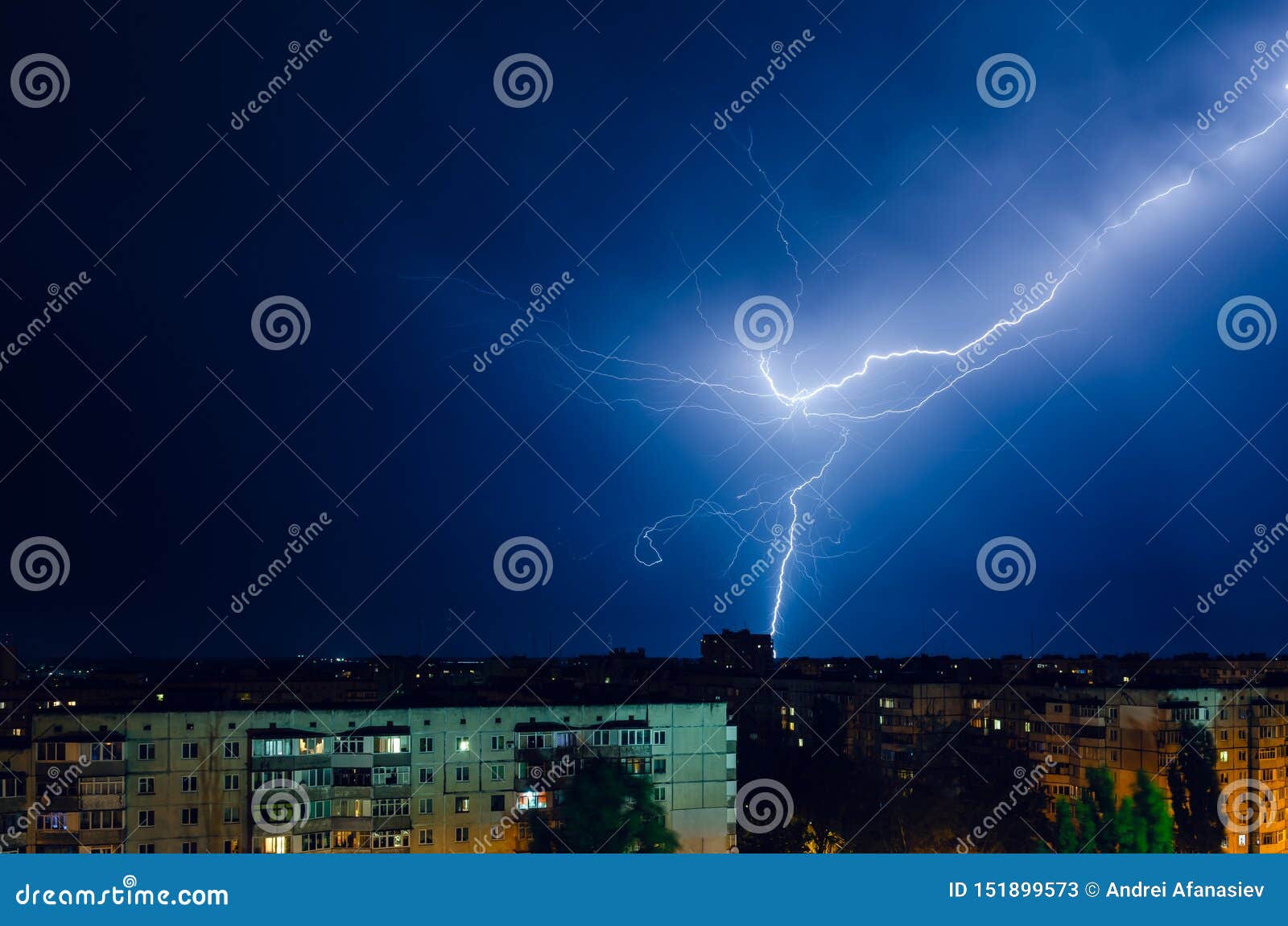 Thunderstorm with Lightning and Thunder Over the Night City Stock Image ...