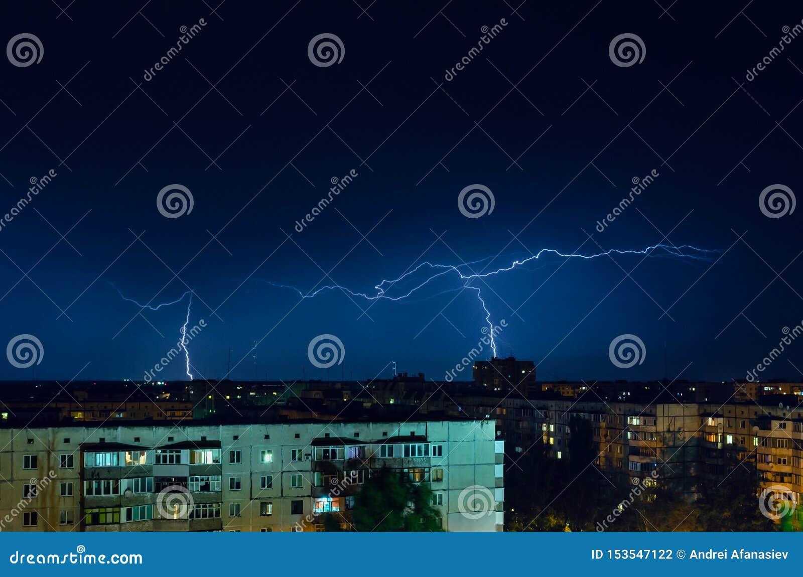 Thunderstorm with Lightning and Thunder Over the Night City Stock Photo ...