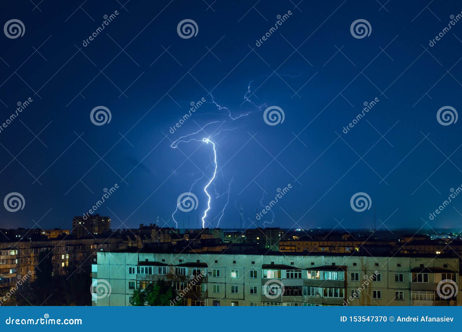 Thunderstorm with Lightning and Thunder Over the Night City Stock Photo ...