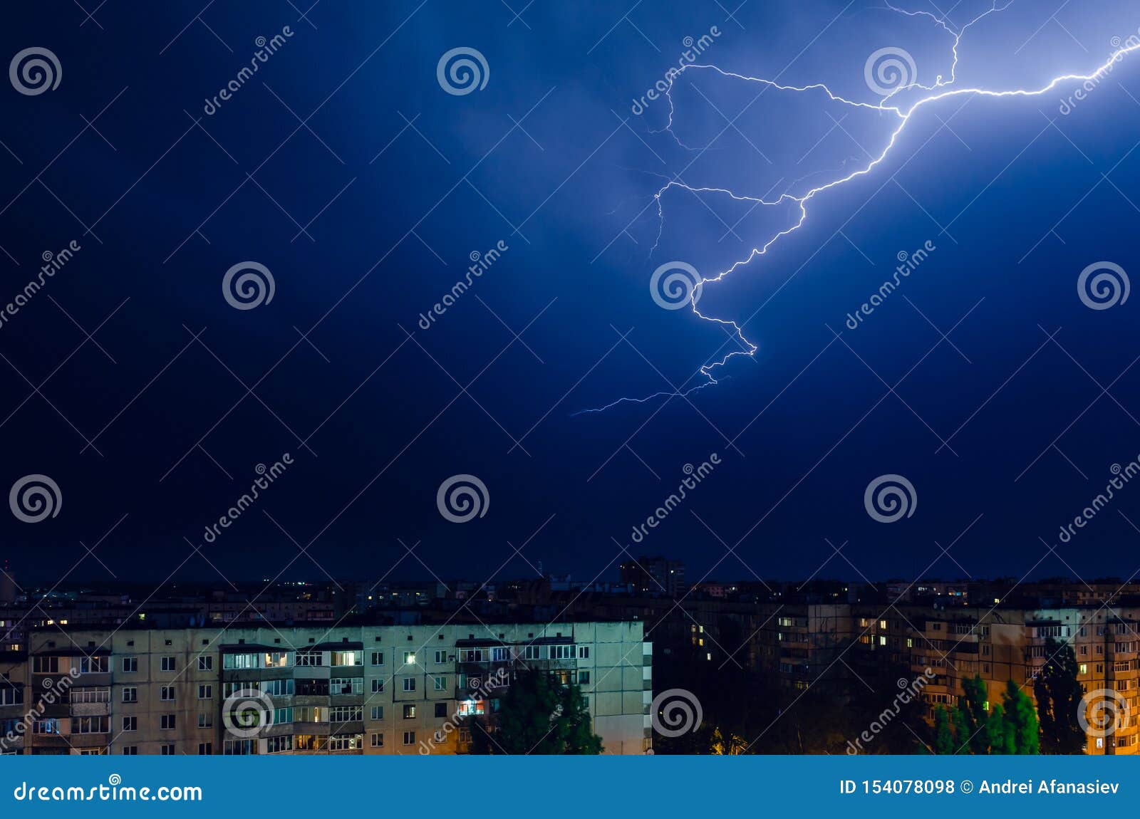Thunderstorm with Lightning and Thunder Over the Night City Stock Photo ...