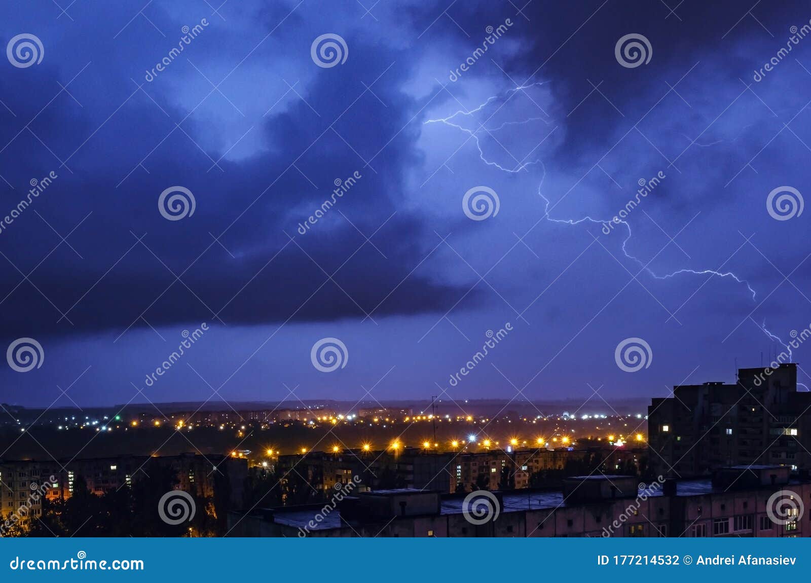 Thunderstorm with Lightning and Thunder Over the Night City Stock Photo ...