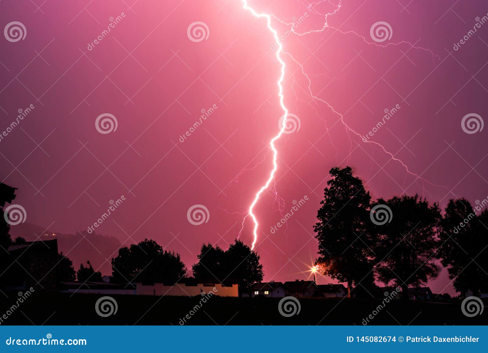 Thunderstorm in the Night: Lightning on the Colored Sky. Global Warming ...