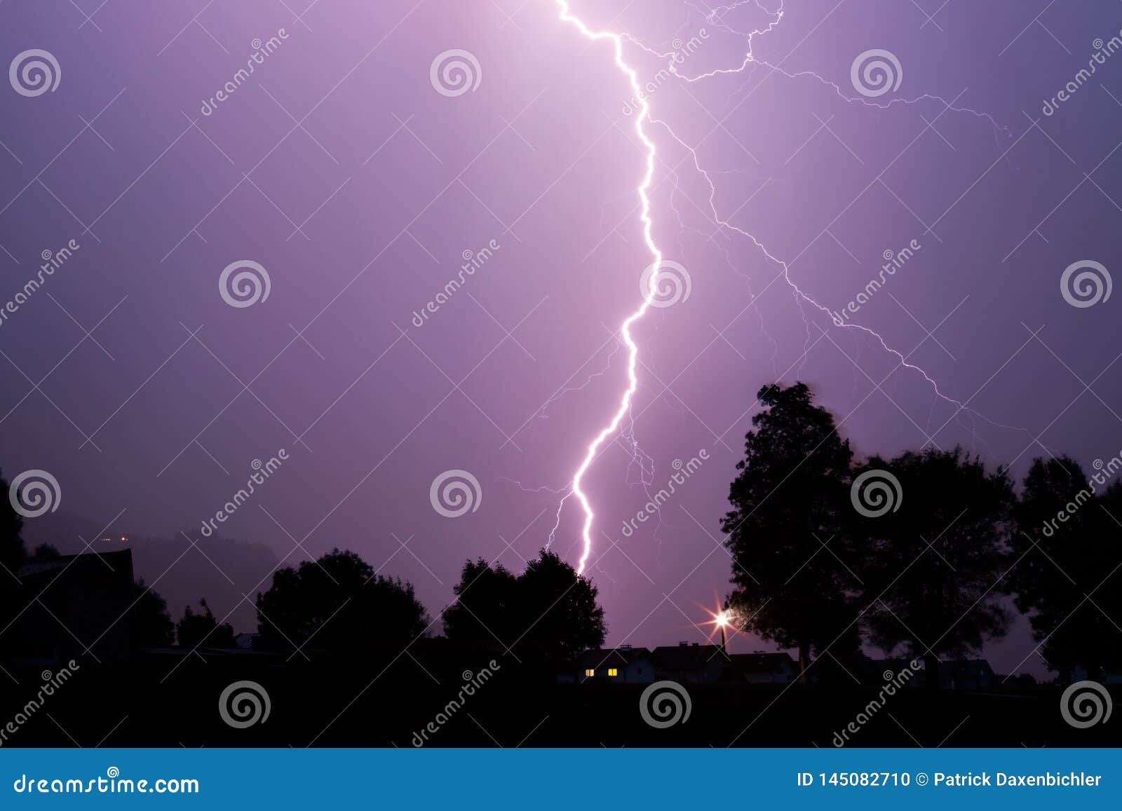 Thunderstorm in the Night: Lightning on the Colored Sky. Global Warming ...