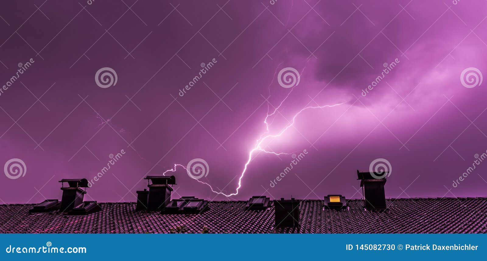 Thunderstorm in the Night: Lightning Over a Roof of a Building Stock ...