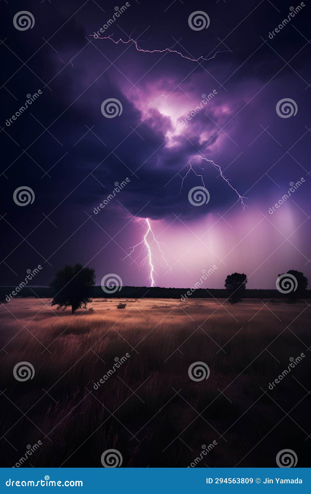 Thunderstorm Over a Field of Grass with a Tree in the Foreground Stock ...