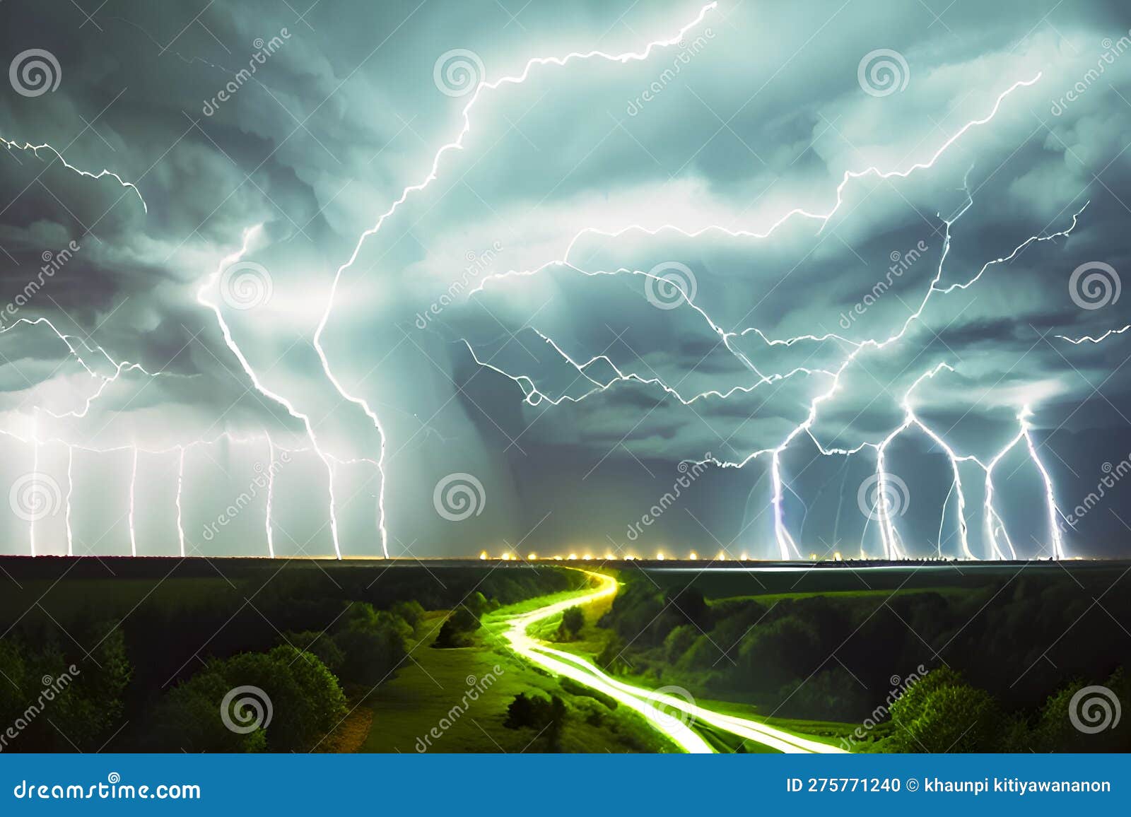 Thunderstorm Over the Forest at Night. Colorful Illustration Stock ...