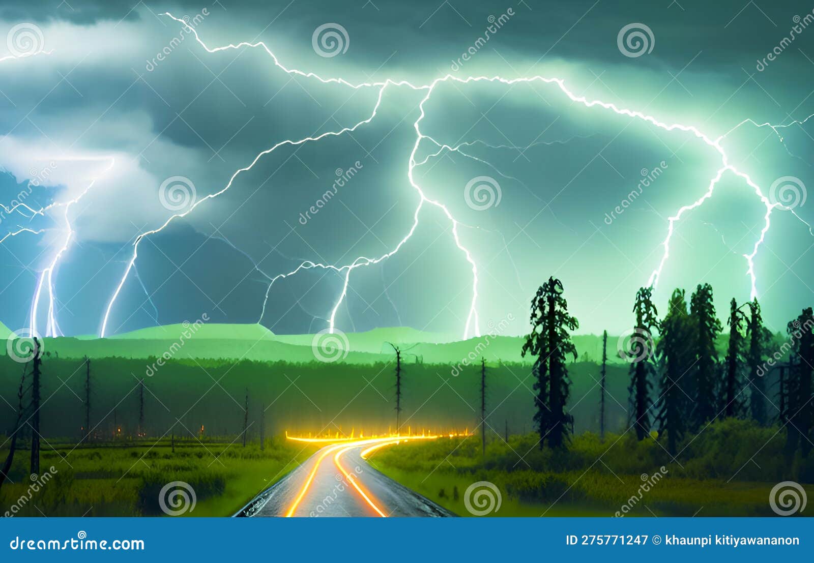 Thunderstorm Over the Forest at Night. Colorful Illustration Stock ...