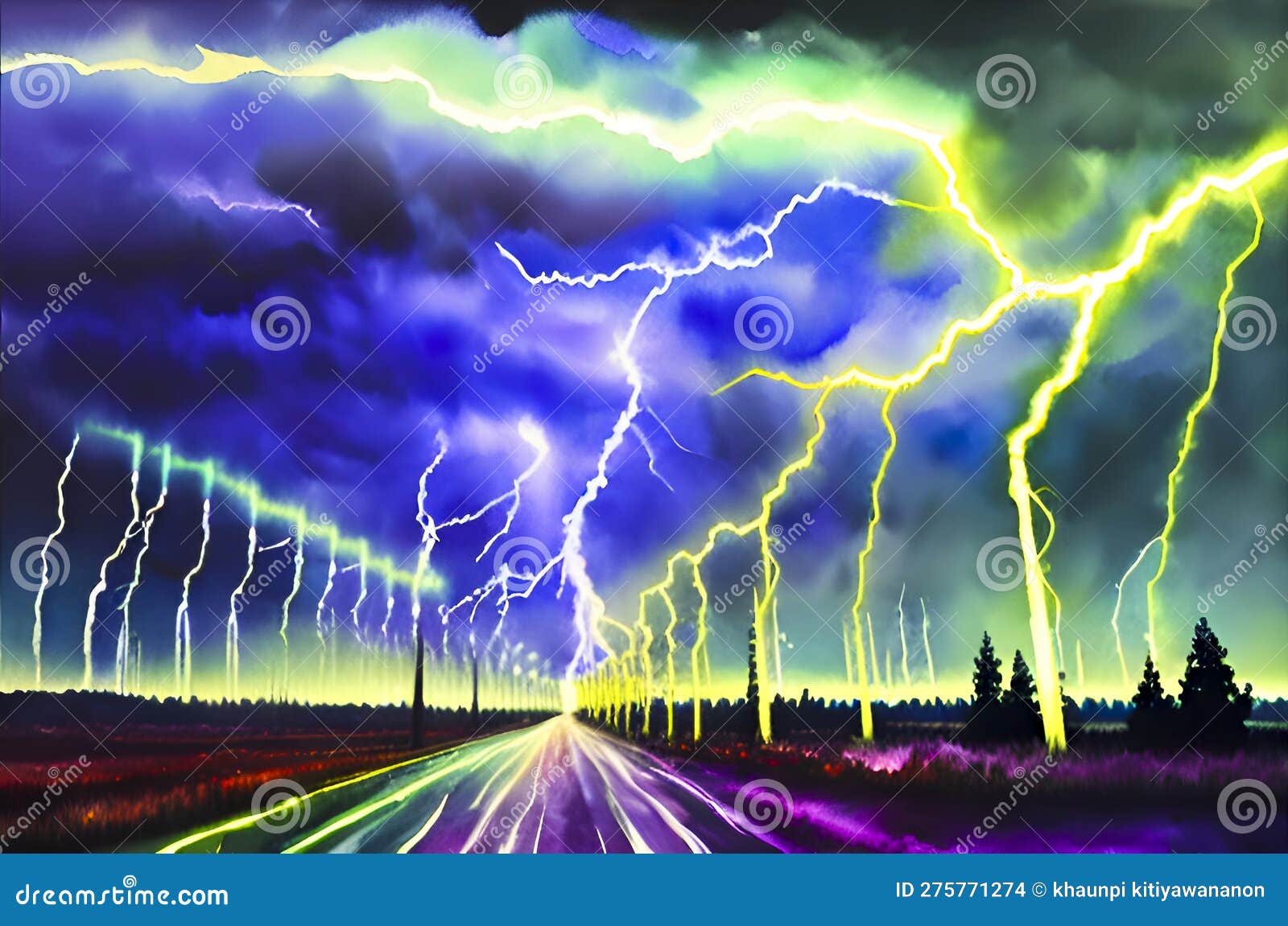 Thunderstorm Over the Forest at Night. Colorful Illustration Stock ...