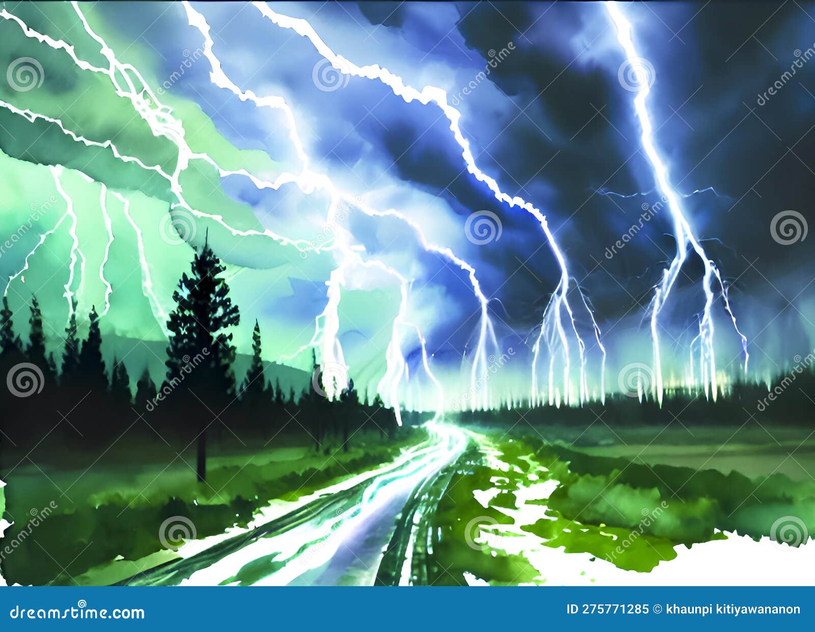 Thunderstorm Over the Forest at Night. Colorful Illustration Stock ...