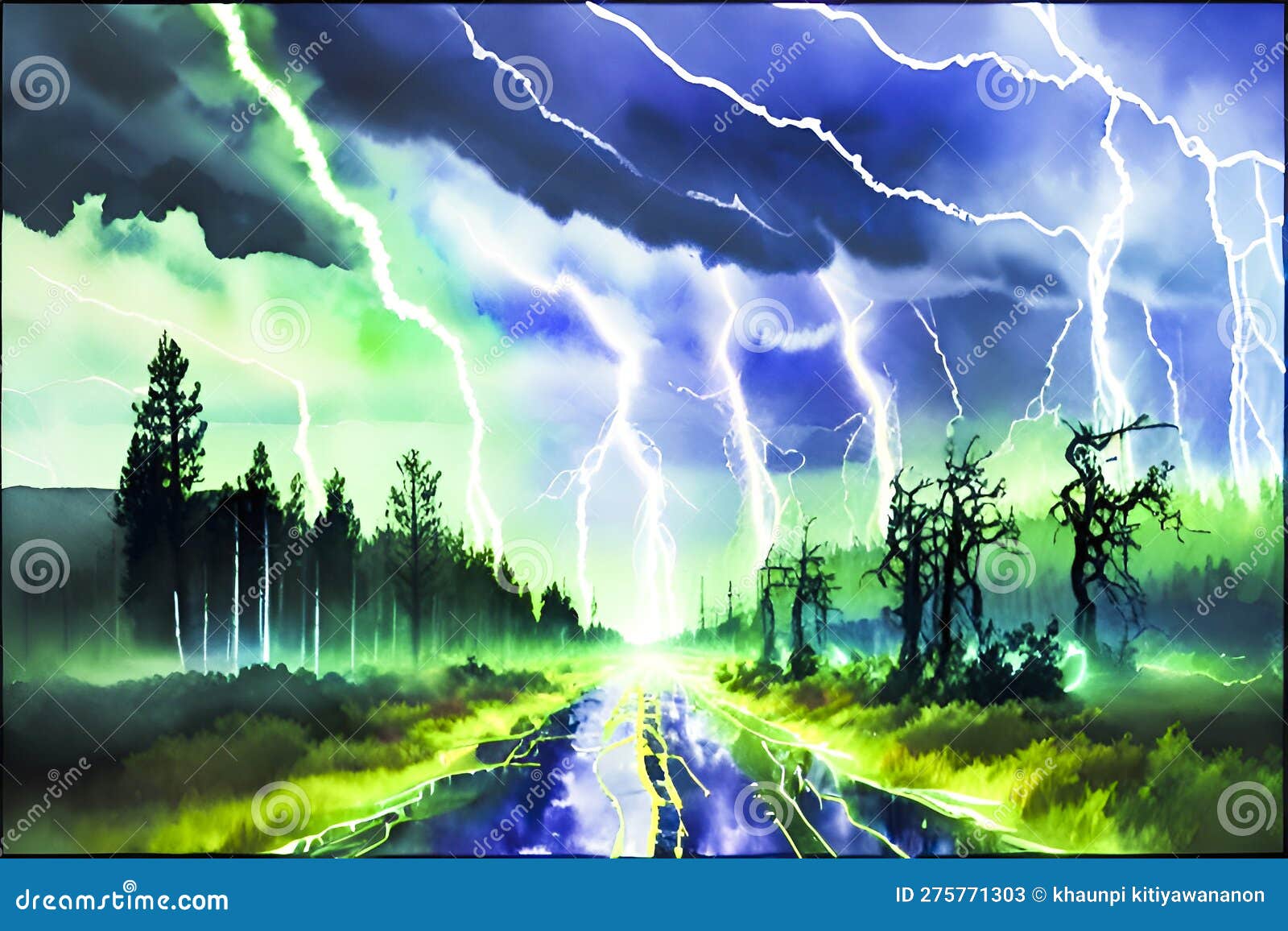 Thunderstorm Over the Forest at Night. Colorful Illustration Stock ...